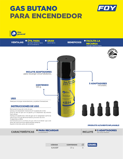 GASEF Lata de gas butano para encendedor 125 g Foy - Tienda Urrea