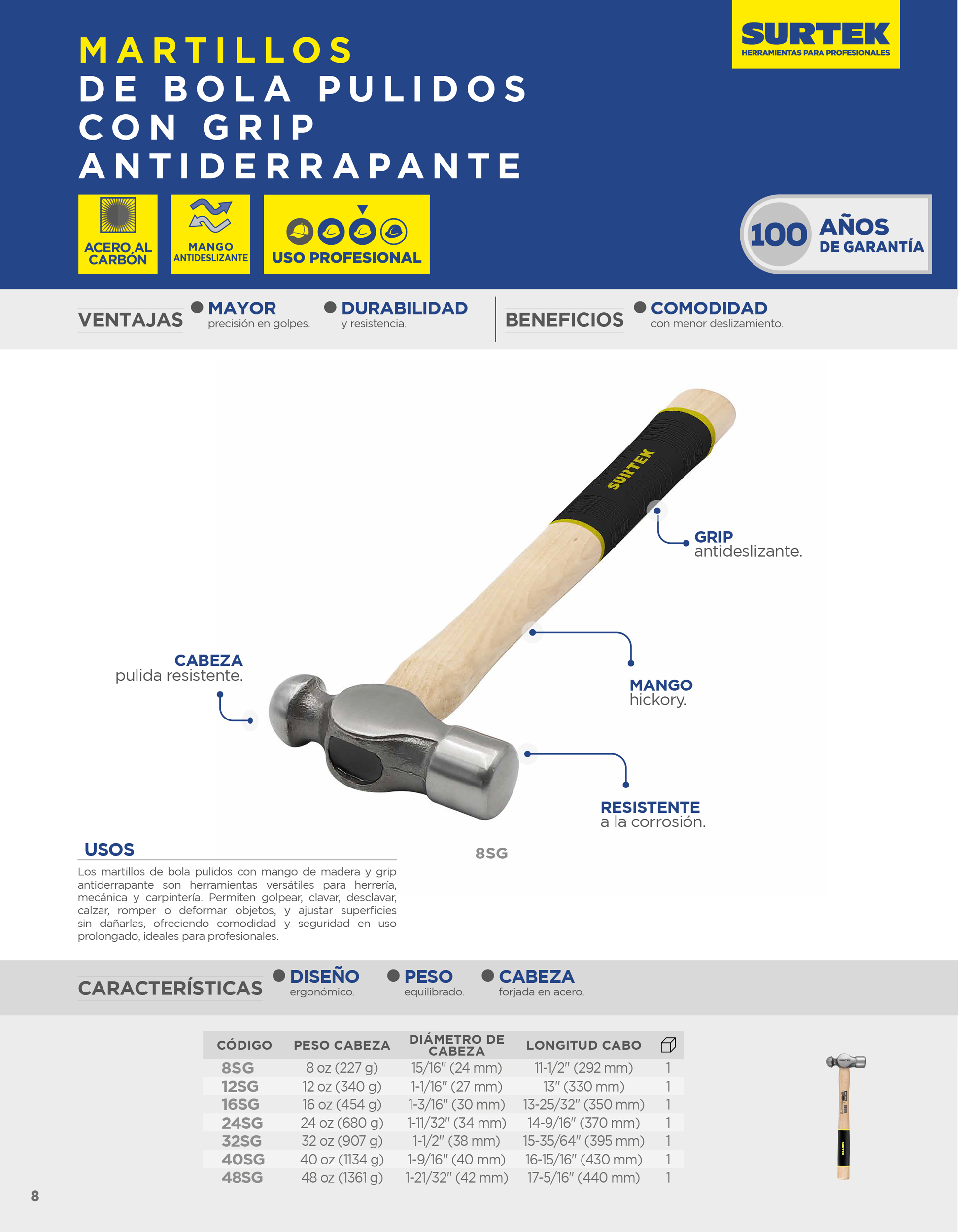 16SG Martillo pulido de bola con mango de madera con grip de 13", 16 oz ...