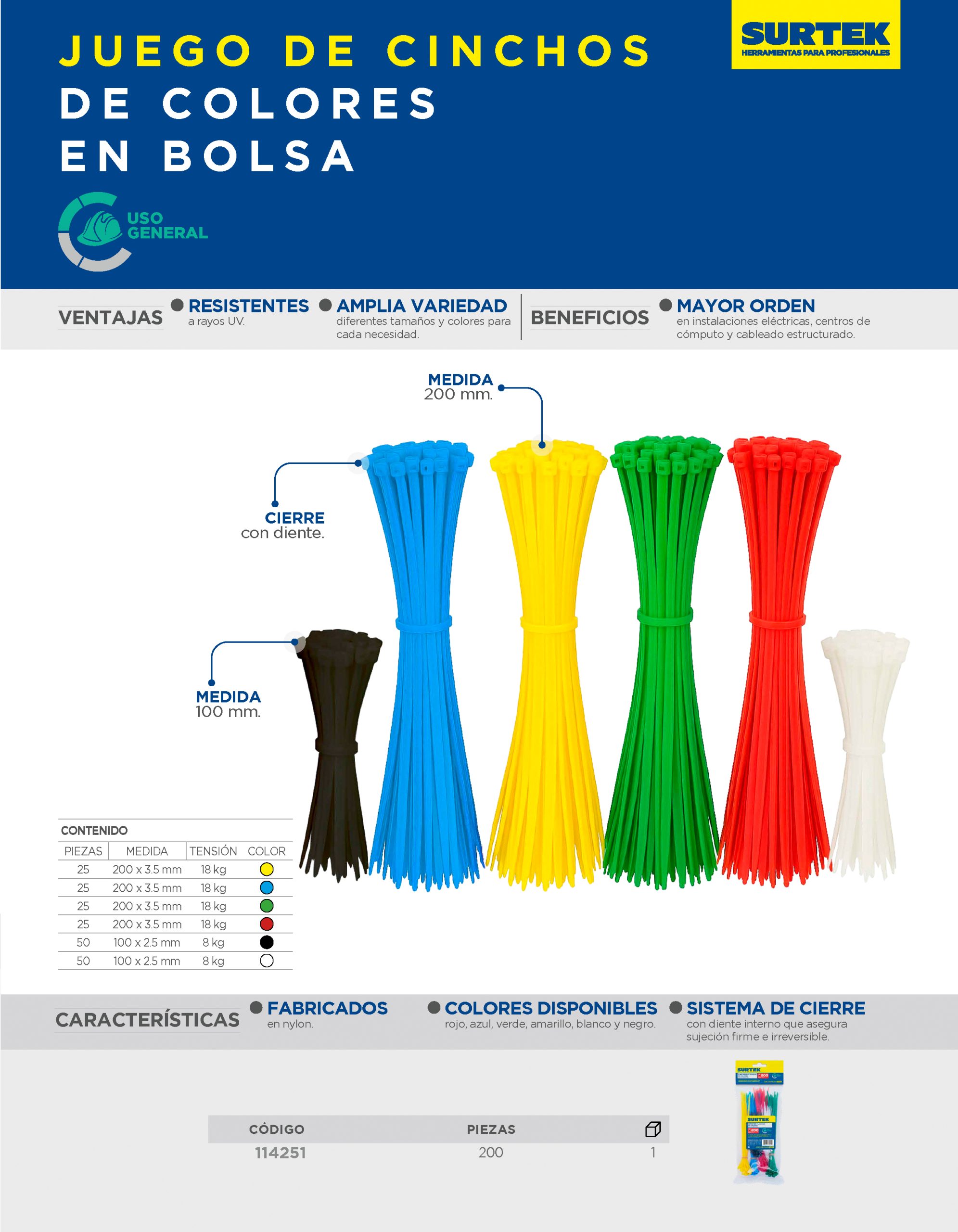 114251 Cinchos de plásticos combinados en bolsa, tensión 8 kg y 18 kg ...