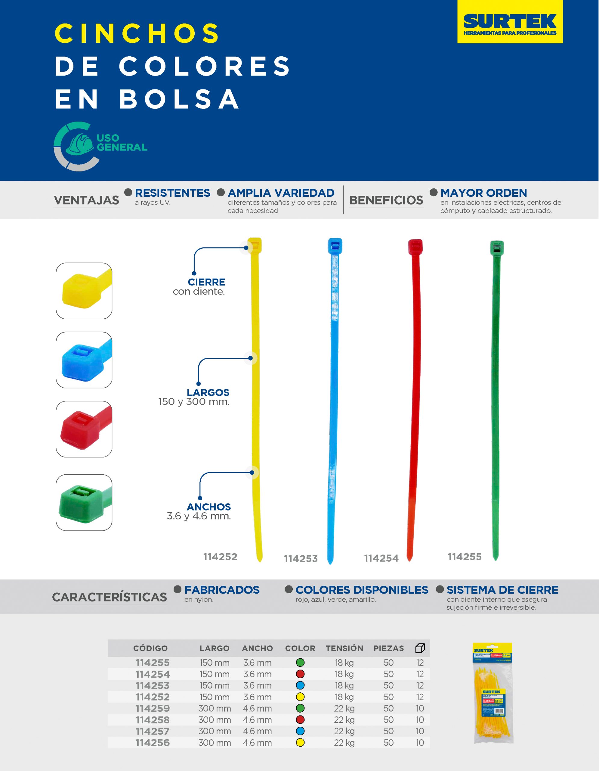 114252 Cinchos plásticos 150 x 3.6 mm, tensión 18 kg de 50 piezas ...